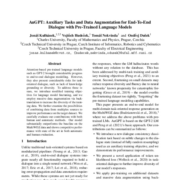AuGPT: Auxiliary Tasks and Data Augmentation for End-To-End Dialogue with Pre-Trained Language ...