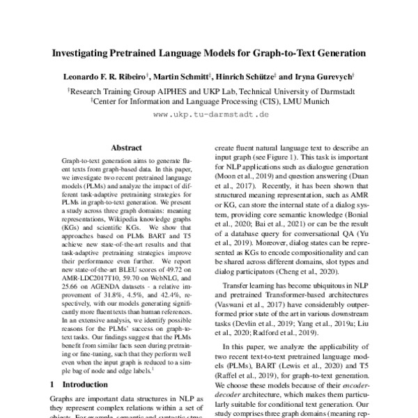 Investigating Pretrained Language Models for Graph-to-Text Generation ...