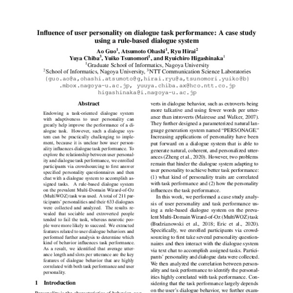 Influence of user personality on dialogue task performance: A case study using a rule-based ...