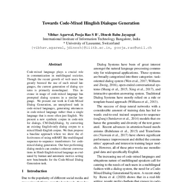Towards Code-Mixed Hinglish Dialogue Generation - ACL Anthology