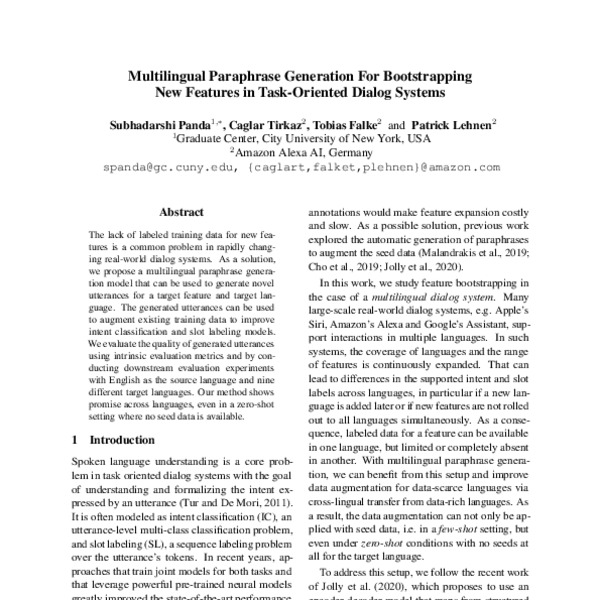 Multilingual Paraphrase Generation For Bootstrapping New Features in Task-Oriented Dialog ...