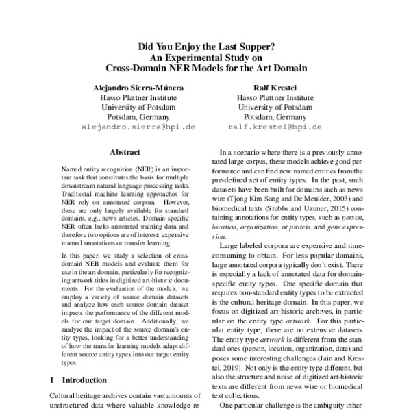 Did You Enjoy the Last Supper? An Experimental Study on Cross-Domain NER Models for the Art ...