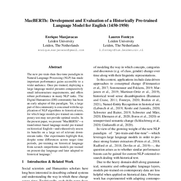 MacBERTh: Development and Evaluation of a Historically Pre-trained ...
