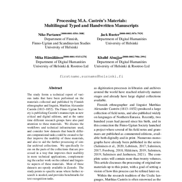 Processing M.A. Castrén’s Materials: Multilingual Historical Typed and ...