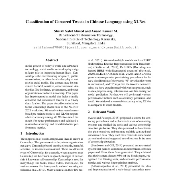 Classification Of Censored Tweets In Chinese Language Using XLNet ACL