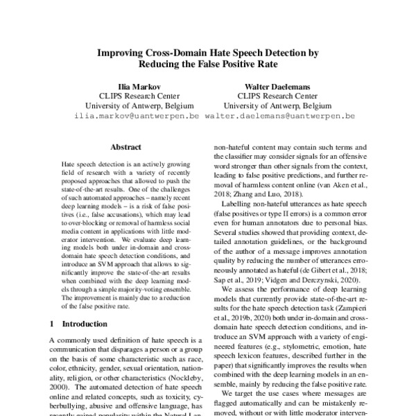 Improving Cross-Domain Hate Speech Detection by Reducing the False Positive Rate - ACL Anthology