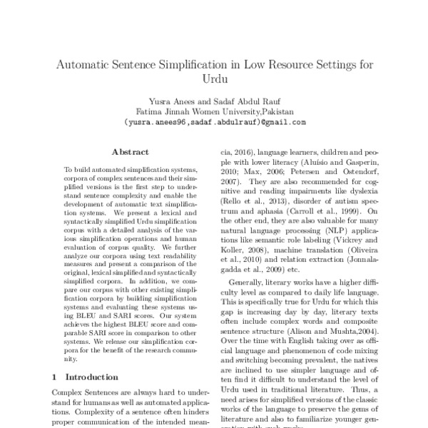 Automatic Sentence Simplification in Low Resource Settings for Urdu - ACL Anthology