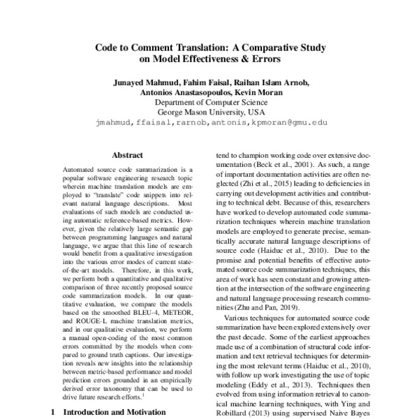 Code to Comment Translation: A Comparative Study on Model Effectiveness & Errors - ACL Anthology