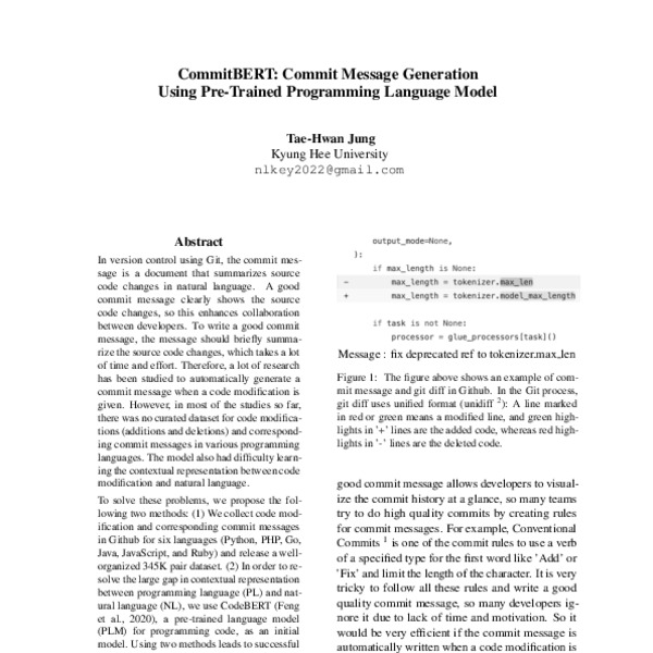 CommitBERT: Commit Message Generation Using Pre-Trained Programming Language Model - ACL Anthology