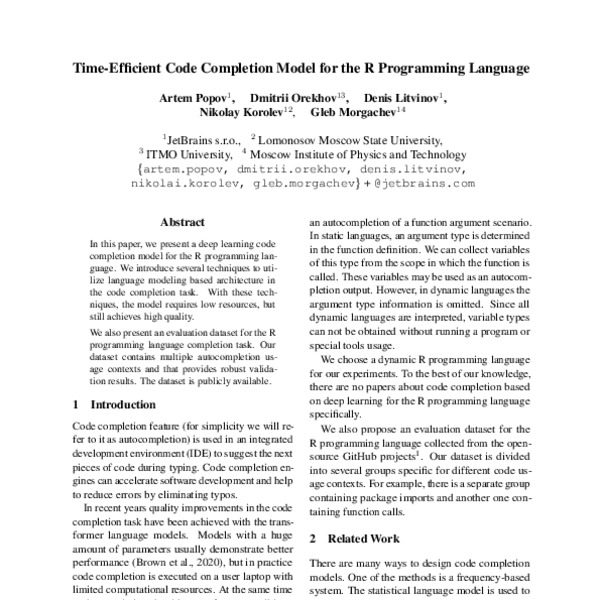 Time-Efficient Code Completion Model for the R Programming Language - ACL Anthology