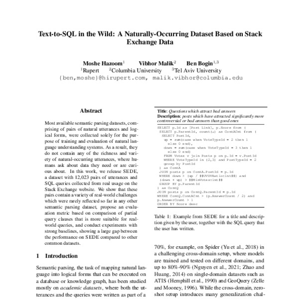 Text-to-SQL in the Wild: A Naturally-Occurring Dataset Based on Stack ...