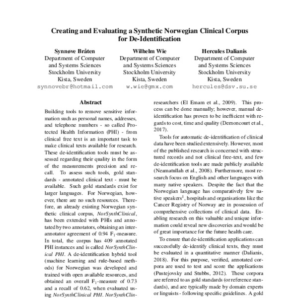 Creating and Evaluating a Synthetic Norwegian Clinical Corpus for De ...