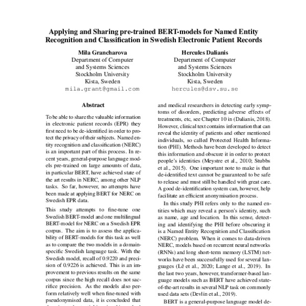 Applying and Sharing pre-trained BERT-models for Named Entity Recognition and Classification in ...