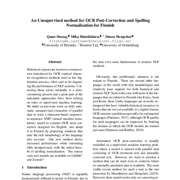 An Unsupervised method for OCR Post-Correction and Spelling Normalisation for Finnish - ACL ...