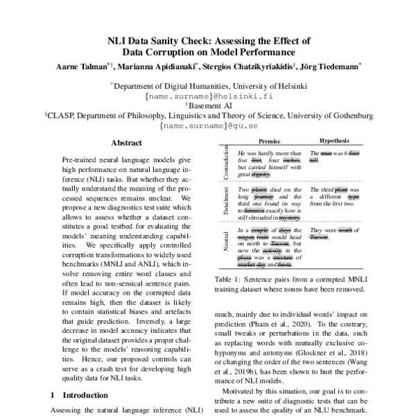 NLI Data Sanity Check: Assessing the Effect of Data Corruption on Model ...