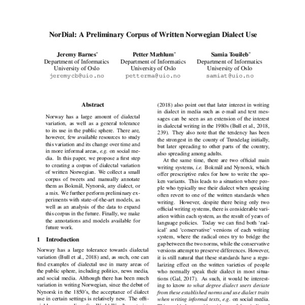 NorDial: A Preliminary Corpus of Written Norwegian Dialect Use - ACL ...