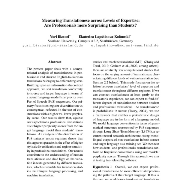 Measuring Translationese across Levels of Expertise: Are Professionals ...