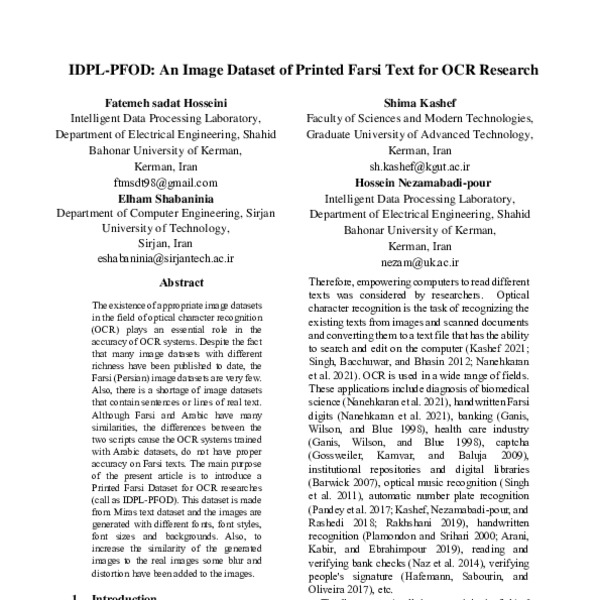 IDPL-PFOD: An Image Dataset of Printed Farsi Text for OCR Research ...
