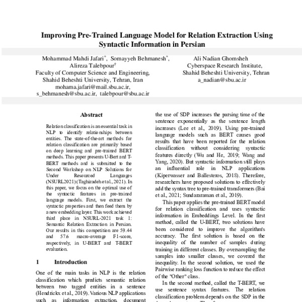 Improving pre-trained Language Model for Relation Extraction Using Syntactic Information in ...