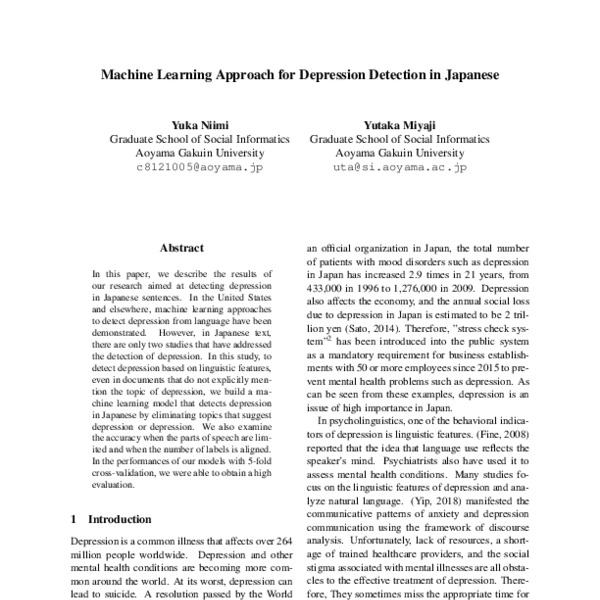 Machine Learning Approach for Depression Detection in Japanese - ACL ...