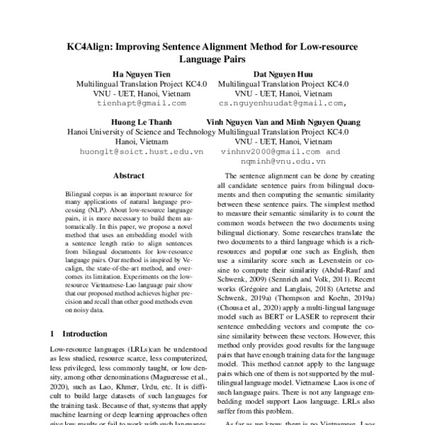 Kc4align Improving Sentence Alignment Method For Low Resource Language Pairs Acl Anthology