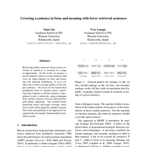 Covering a sentence in form and meaning with fewer retrieved sentences ...