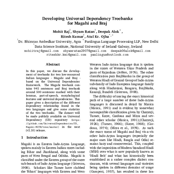 Developing Universal Dependencies Treebanks for Magahi and Braj - ACL Anthology
