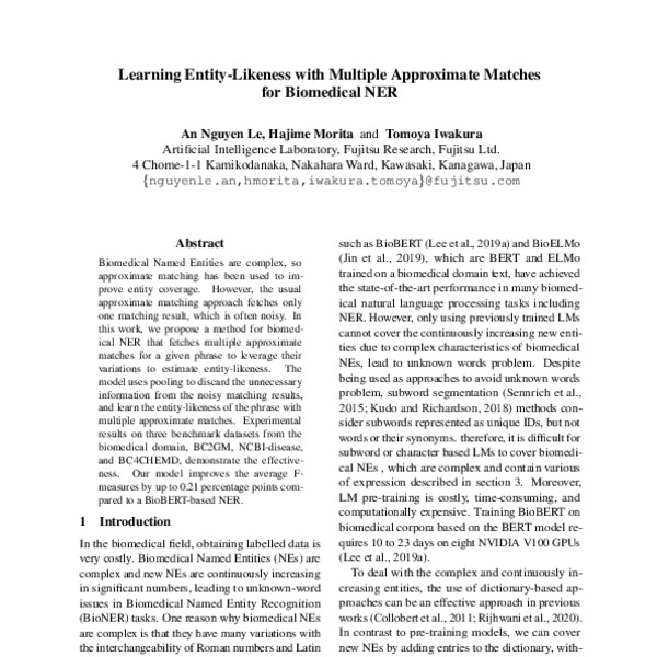Learning Entity Likeness With Multiple Approximate Matches For Biomedical Ner Acl Anthology