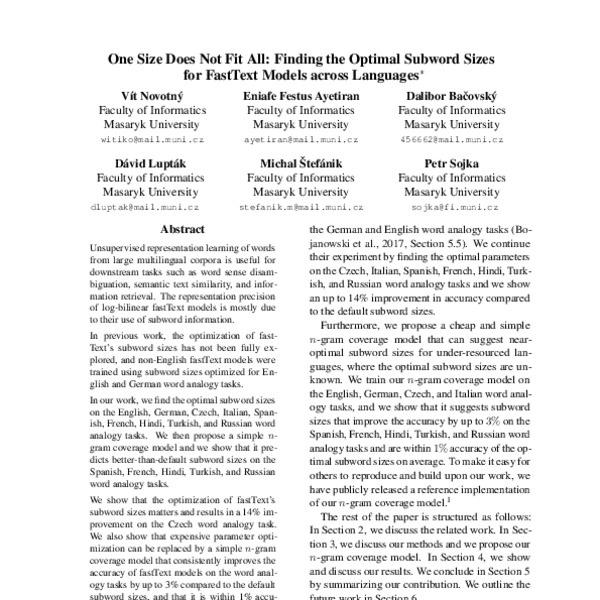 One Size Does Not Fit All: Finding the Optimal Subword Sizes for FastText Models across ...