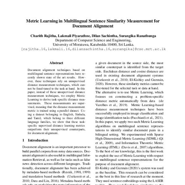 Metric Learning in Multilingual Sentence Similarity Measurement for Document Alignment - ACL ...