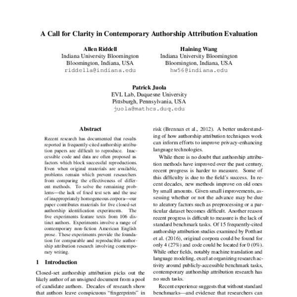A Call for Clarity in Contemporary Authorship Attribution Evaluation - ACL Anthology