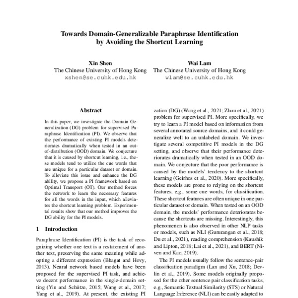 Towards Domain-Generalizable Paraphrase Identification by Avoiding the ...
