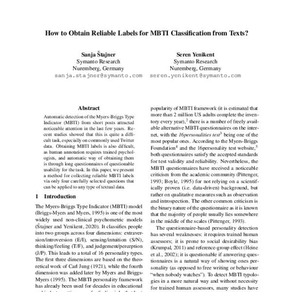 How to Obtain Reliable Labels for MBTI Classification from Texts? - ACL ...