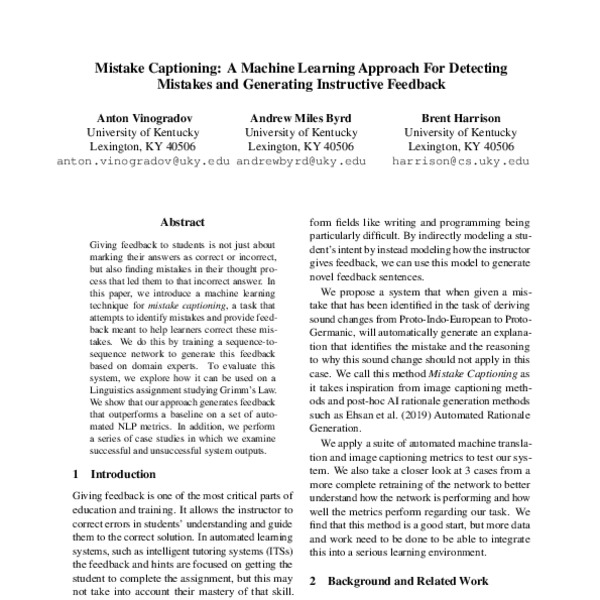 Mistake Captioning: A Machine Learning Approach for Detecting Mistakes ...