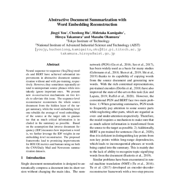 Abstractive Document Summarization with Word Embedding Reconstruction - ACL Anthology