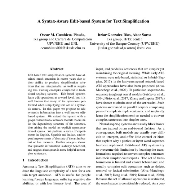 A Syntax-Aware Edit-based System for Text Simplification - ACL Anthology
