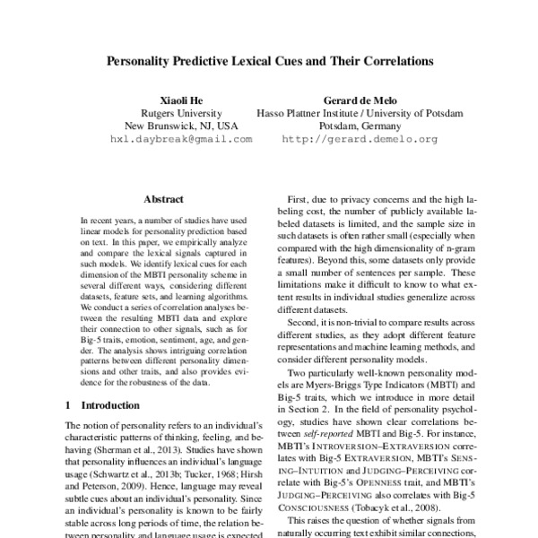 Personality Predictive Lexical Cues and Their Correlations - ACL Anthology