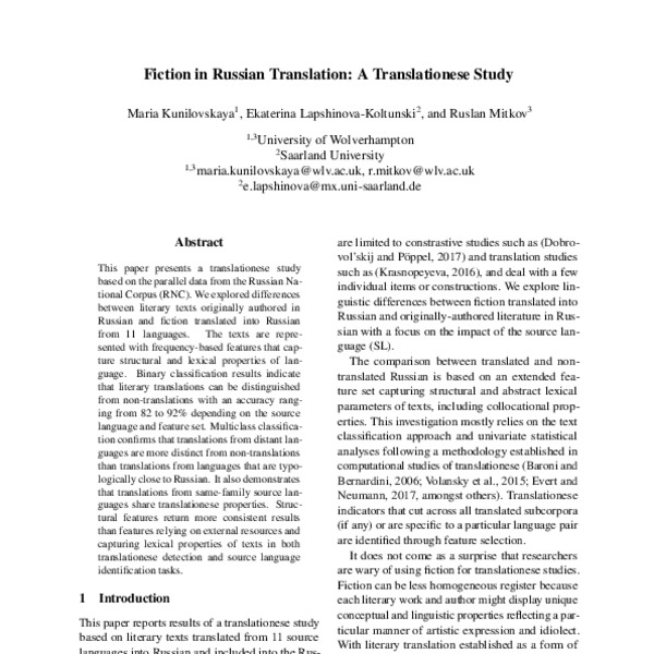 Fiction in Russian Translation: A Translationese Study - ACL Anthology