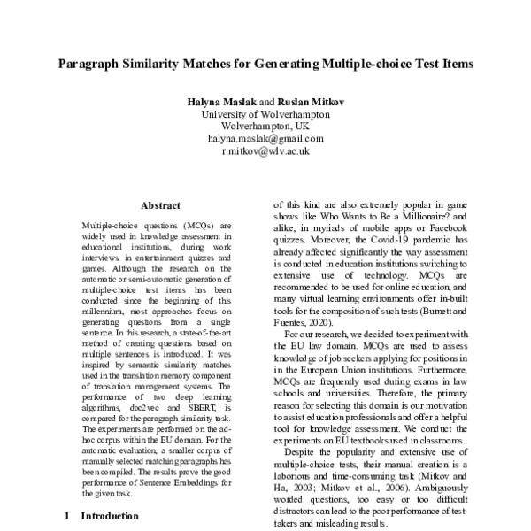 Paragraph Similarity Matches for Generating Multiple-choice Test Items ...