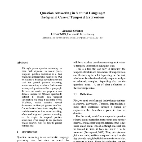 Question answering in Natural Language: the Special Case of Temporal ...