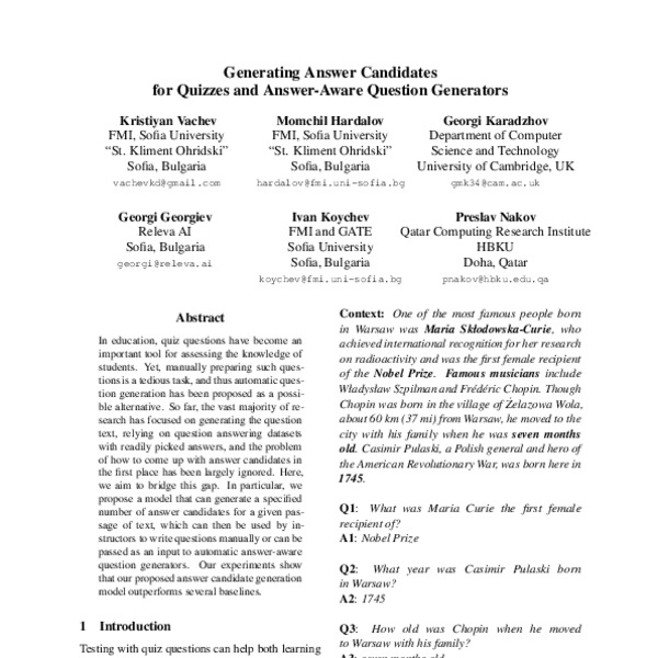 Generating Answer Candidates for Quizzes and Answer-Aware Question ...