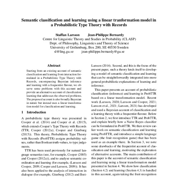 Semantic Classification and Learning Using a Linear Tranformation Model in a Probabilistic Type ...