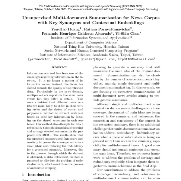 Unsupervised Multi-document Summarization for News Corpus with Key Synonyms and Contextual ...