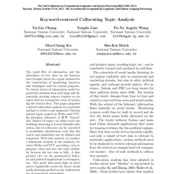 Keyword-centered Collocating Topic Analysis - ACL Anthology