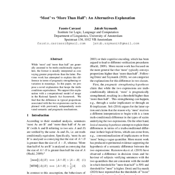 ‘Most’ vs ‘More Than Half’: An Alternatives Explanation - ACL Anthology