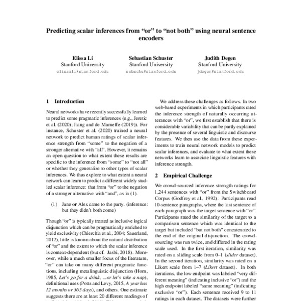 Predicting scalar inferences from “or” to “not both” using neural sentence encoders - ACL Anthology