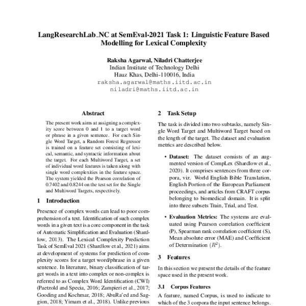 LangResearchLab NC at SemEval-2021 Task 1: Linguistic Feature Based Modelling for Lexical ...
