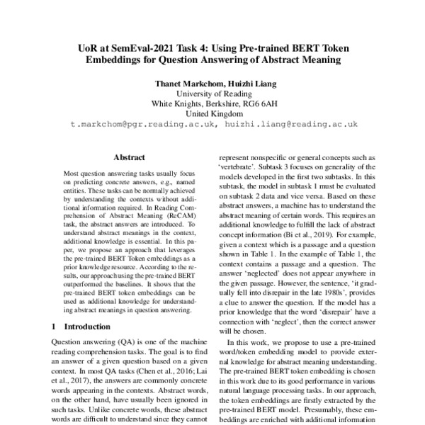 UoR at SemEval-2021 Task 4: Using Pre-trained BERT Token Embeddings for Question Answering of ...