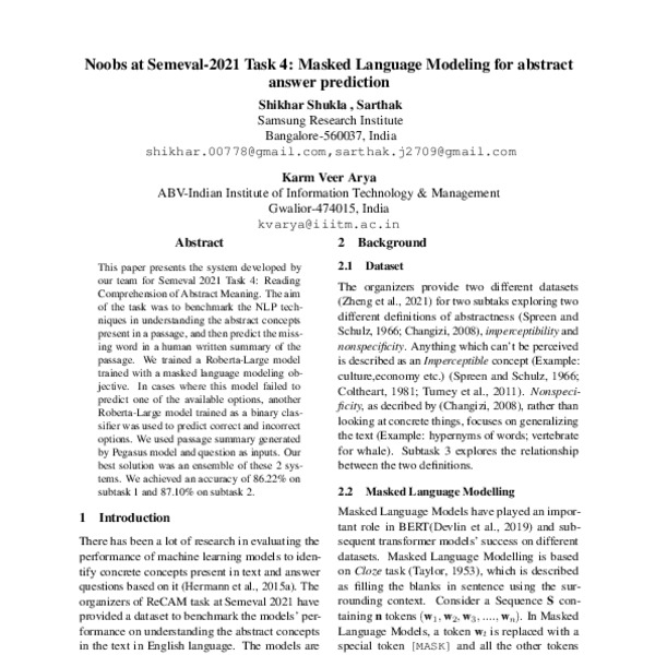 Noobs at Semeval-2021 Task 4: Masked Language Modeling for abstract answer prediction - ACL ...