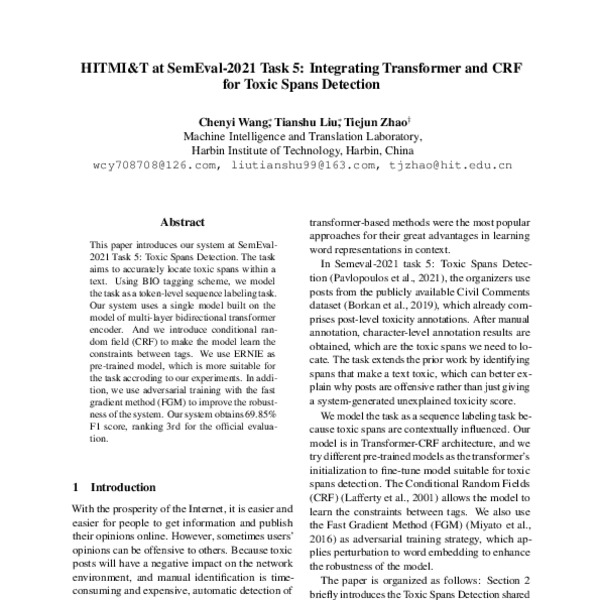 HITMI&T at SemEval-2021 Task 5: Integrating Transformer and CRF for Toxic Spans Detection - ACL ...
